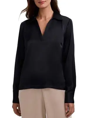 Foxcroft Talia Long Sleeve Satin Polo - Black