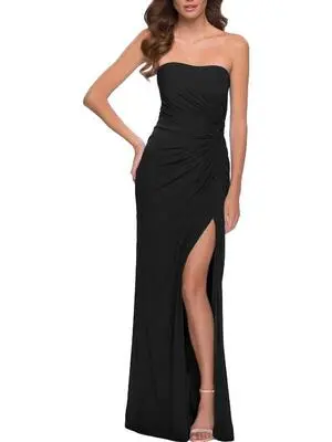 La Femme Strapless Jersey Gown With Slit And Ruching - Black
