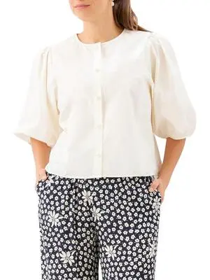 Karen Kane Puff Sleeve Faux Pearl Button Cotton Shirt - Cream