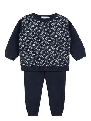 FELTMAN BROTHERS Floral Cotton Jacquard Sweater & Pants Set - Navy