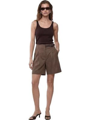 Koton Pleated Linen Blend Bermuda Shorts With Half Belt - Brown