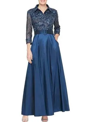 Alex Evenings Embroidered A-line Dress - Navy