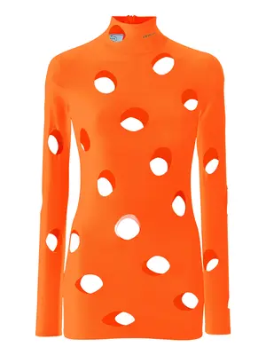 Prada Distressed Jersey Turtleneck Top Orange