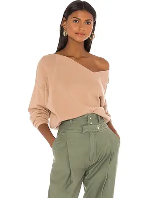 Line & Dot Off-the-shoulder Ribbed Sweater - Taupe