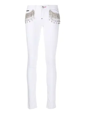 Philipp Plein Crystal-fringe Slim-fit Jeans - White