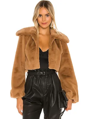 CAMILA COELHO Cleobella Cropped Faux Fur Jacket - Light Walnut