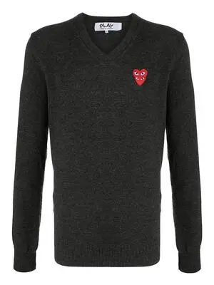 Play Comme Des Garcon Embroidered Double Heart Patch Jumper - Grey