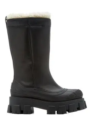 Prada Monolith Shearling-trimmed Leather Boots - Black