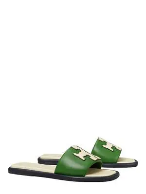 Tory Burch Double T Leather Slide Arugula/new Cream/perfect Navy