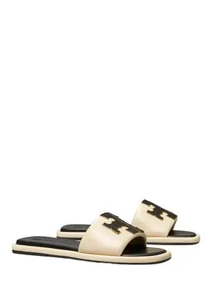 Tory Burch Double T Leather Slide New Cream/perfect Black/gold