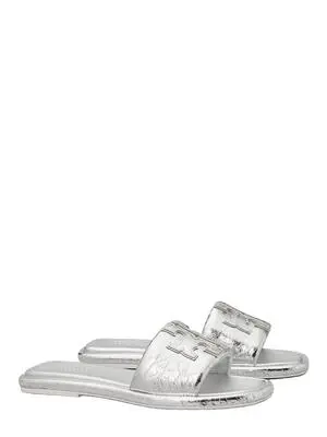 Tory Burch Double T Leather Slide Silver
