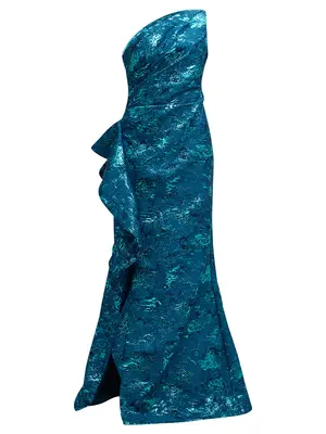 Rickie Freeman For Teri Jon Metallic Jacquard One-shoulder Gown - Teal