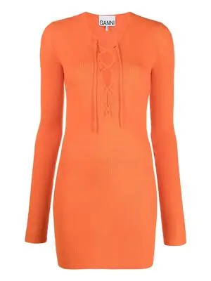 GANNI Lace-up Merino Wool Top - Orange
