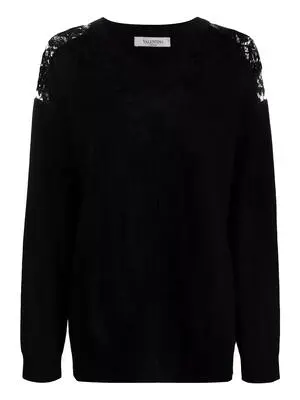 Valentino Garavani Lace-embellished V-neck Jumper - Black