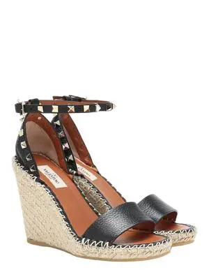 Valentino Garavani Rockstud Leather Wedge Espadrilles - Black