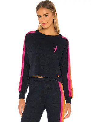 Aviator Nation Bolt Cropped Classic Crewneck - Heather Navy Neon