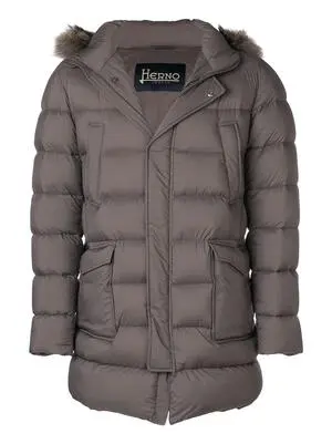Herno Patch Pocket Fur-trimmed Puffer Coat Grey