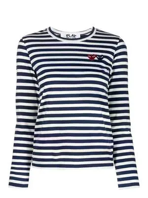 Play Comme Des Garcon Double Heart Logo Striped T-shirt - Blue