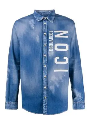 Dsquared2 Icon-print Splatter-print Denim Shirt - Blue