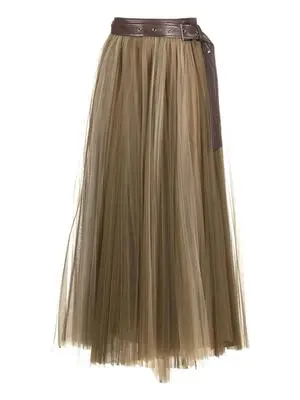 Brunello Cucinelli Pleated Tulle Overlay Skirt - Brown