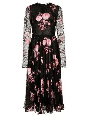 Giambattista Valli Floral Embroidered Pleated Skirt Dress - Black