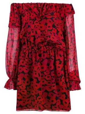 Saint Laurent Poppy Print Mini Dress - Red