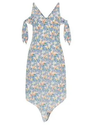 DELADA Floral Print Cold-shoulder Silk Midi Dress - Blue