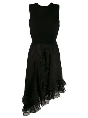 Alexander McQueen Asymmetrical Draped Knit Dress With Lace And Ruffle Trimming - Black