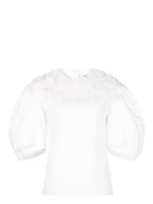 Carolina Herrera Floral Appliqués Puff Sleeve Blouse - White