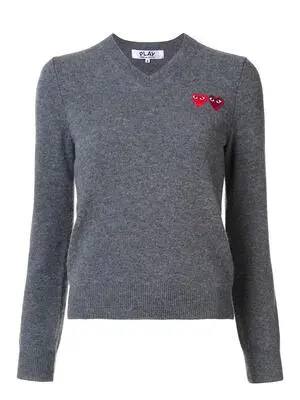 Play Comme Des Garcon Double Heart V-neck Jumper - Grey