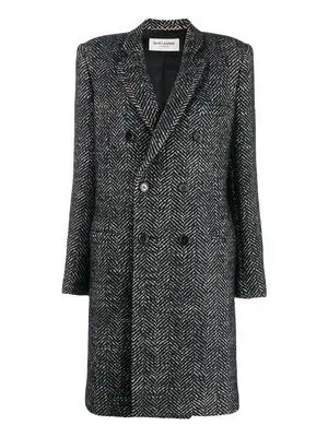Saint Laurent Herringbone Double-breasted Coat - Black