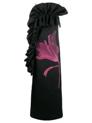 CHRISTOPHER KANE Ruffle Trim Evening Dress - Black