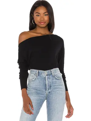 Enza Costa Cashmere Cuffed Off Shoulder Long Sleeve Top - Black