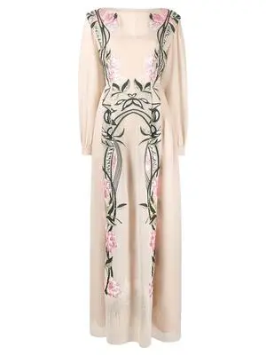 Alberta Ferretti Embroidered Long-sleeved Silk-blend Maxi Dress - Pink