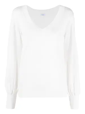 Malo Bishop-sleeve V-neck Knitted Top - White
