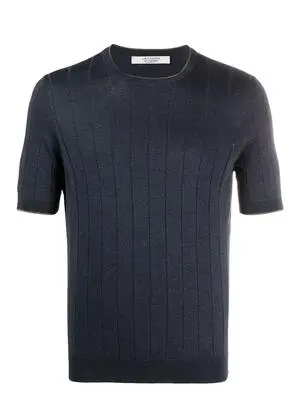 D4.0 Striped Rib-trimmed Silk T-shirt - Blue