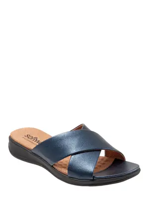 Softwalk SoftWalk® Tillman Leather Cross Strap Slide Sandal Navy Faux Leather