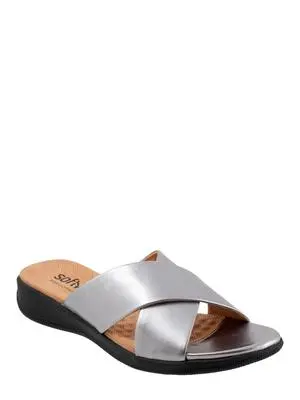 Softwalk SoftWalk® Tillman Leather Cross Strap Slide Sandal Pewter Leather