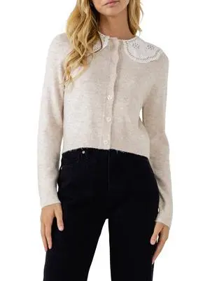English Factory Embroidered Eyelet Collar Cardigan - Beige