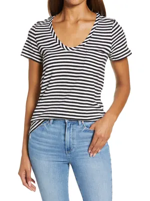 Caslon U-Neck T-Shirt Black- White Stripe