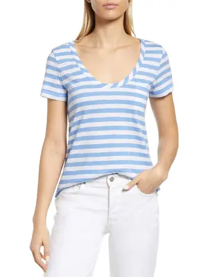 Caslon U-Neck T-Shirt Blue Cf- White Charm Stp