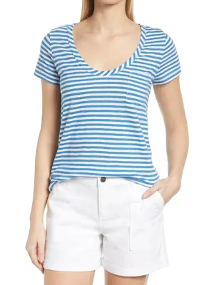 Caslon U-Neck T-Shirt Blue Vallarta- White Stripe