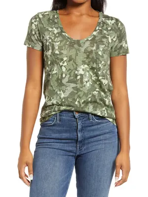 Caslon U-Neck T-Shirt Green Floral Camo