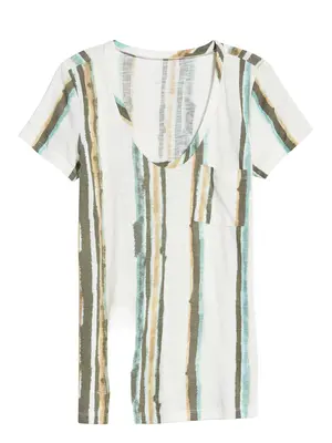 Caslon U-Neck T-Shirt Ivory- Green Watercolor Stripe
