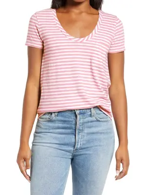 Caslon U-Neck T-Shirt Pink Flamingo- White Stripe