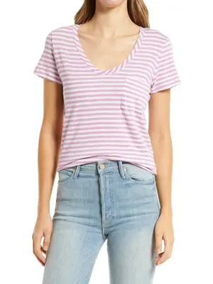 Caslon U-Neck T-Shirt Pink- Ivory Brooke Stripe