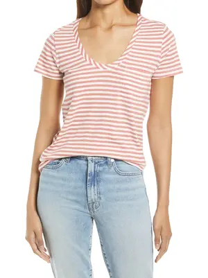 Caslon U-Neck T-Shirt Pink- Ivory Stripe