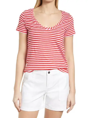 Caslon U-Neck T-Shirt Red Chinoise- White Stripe