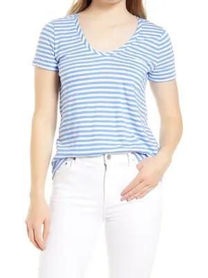 Caslon U-Neck T-Shirt White- Blue C Brooke Stripe