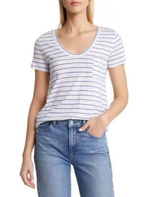 Caslon U-Neck T-Shirt White- Blue Julia Stripe